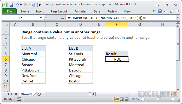 Range Contains A Value Not In Another Range Excel Formula Exceljet